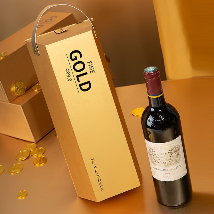 Single Wine Box in Gold Cardboard Paper with PU Leather Handle - SCHWUA
